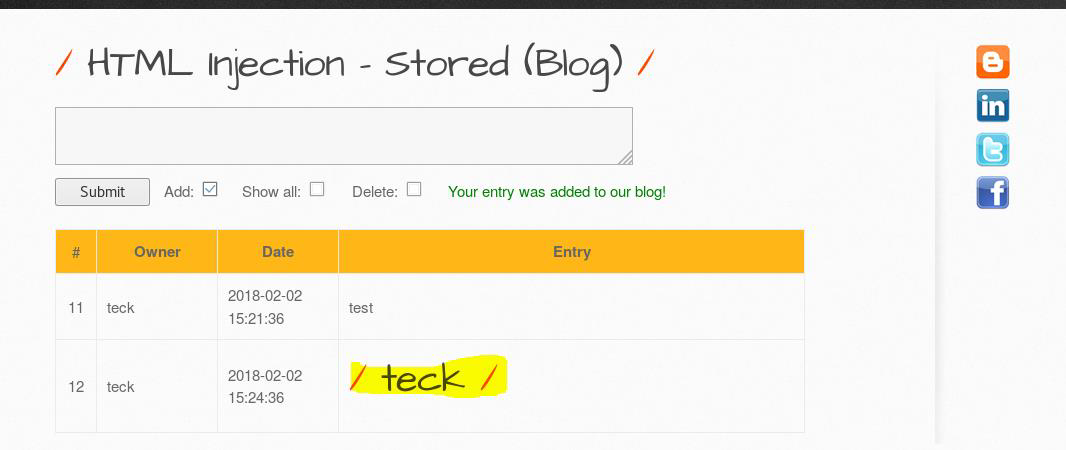 HTML Injection -Stored (Blog) · Teck_k2